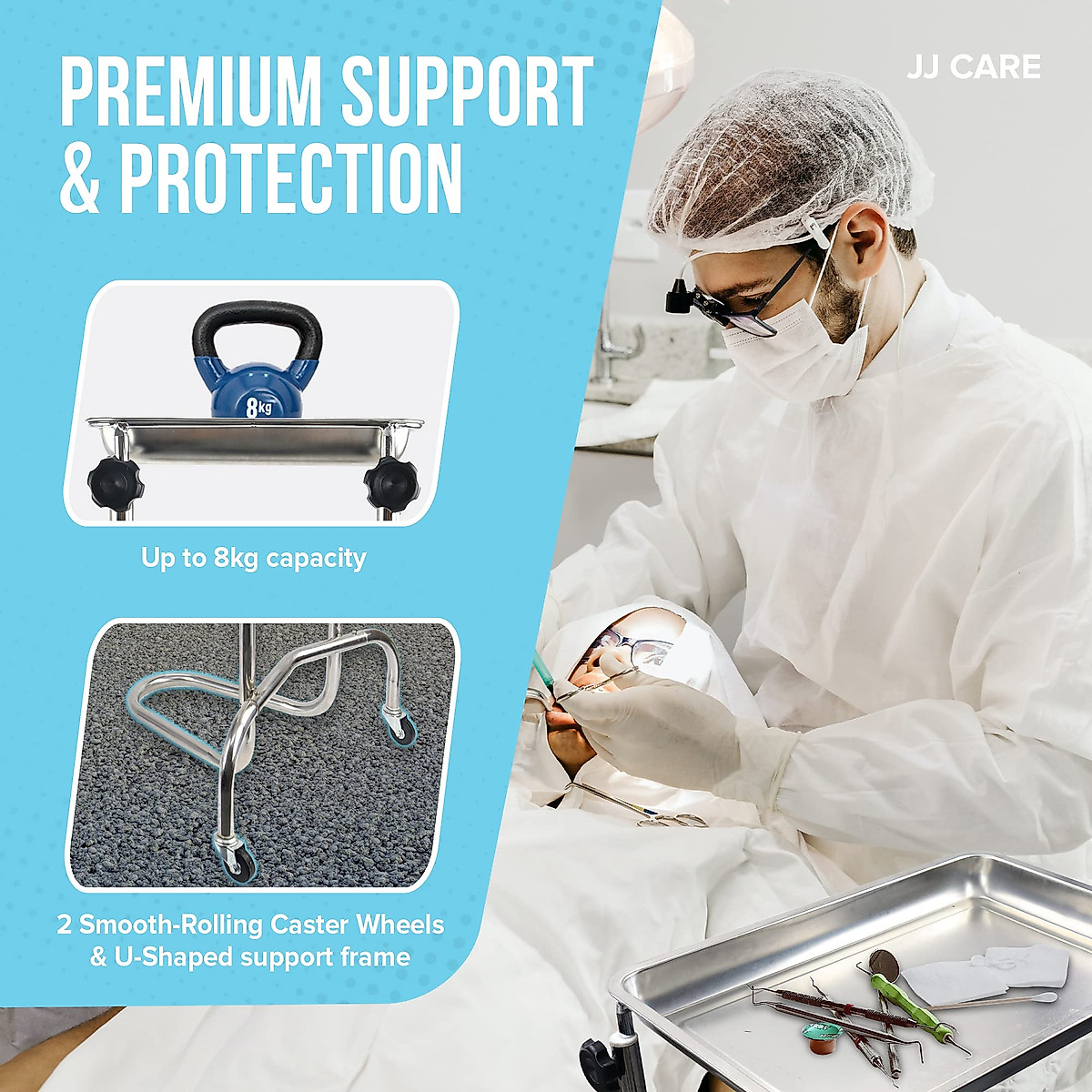 JJ CARE Mayo Stand [17Lbs Weight Capacity] - Stainless Steel Mayo Tray, Adjustable Height Medical Mayo Stand with 2 Nylon Caster Wheels, Surgical Tray, Tattoo Tray, Mayo Stands