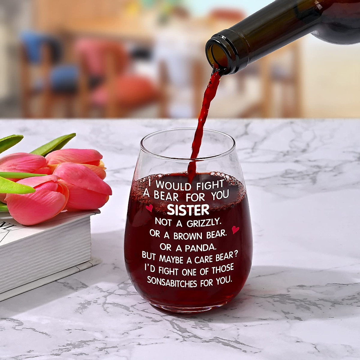 DAZLUTE Funny Sister Gift, I Would Fight A Bear for You Stemless Wine Glass, Sisters Gifts From Sisters, Birthday Christmas Galentines day Gifts for Sister Soul Sister Sister in Law Big Sister, 15Oz