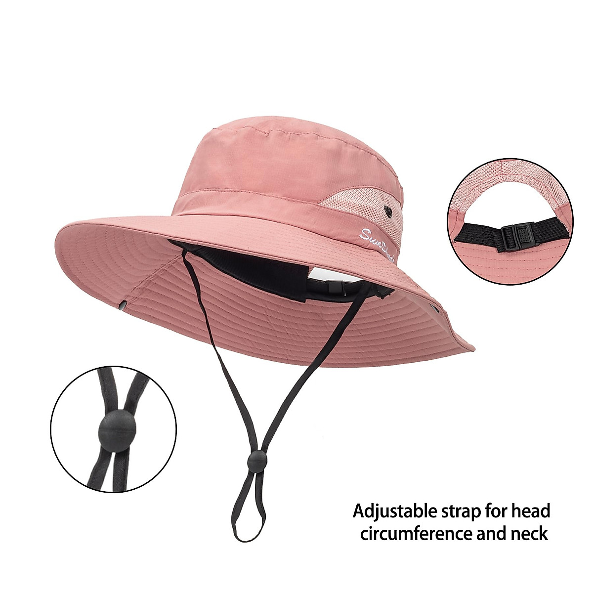 Womens Summer Sun Hat Beach Hat Wide Brim Outdoor UV Protection Hat Packable Mesh Bucket Hat with Ponytail Hole