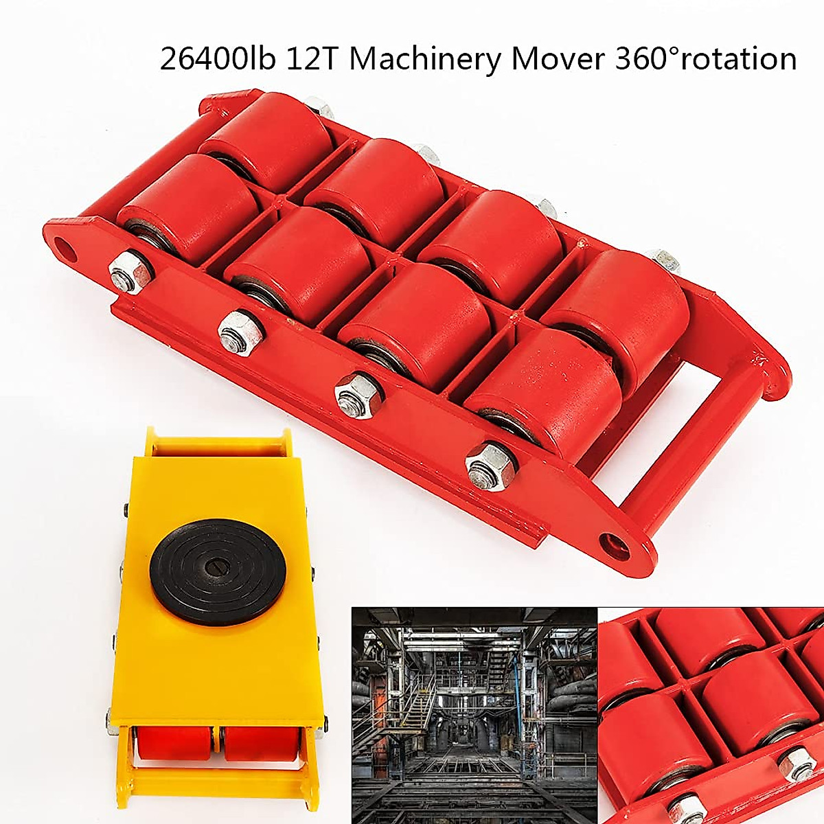 12T Machine Dolly Skate, 26400lbs Machinery Moving Skate, Machinery Mover Skate with 8 Rollen 360° Rotation, Heavy Duty Machine Skate for Industrial Moving Equipment (Red)