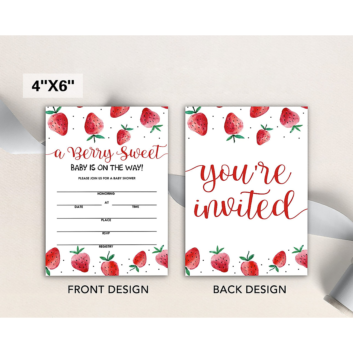 Baby Shower Invitations, Berry sweet Fill In Invites Cards wih Envelopes, Strawberry, Set of 25.