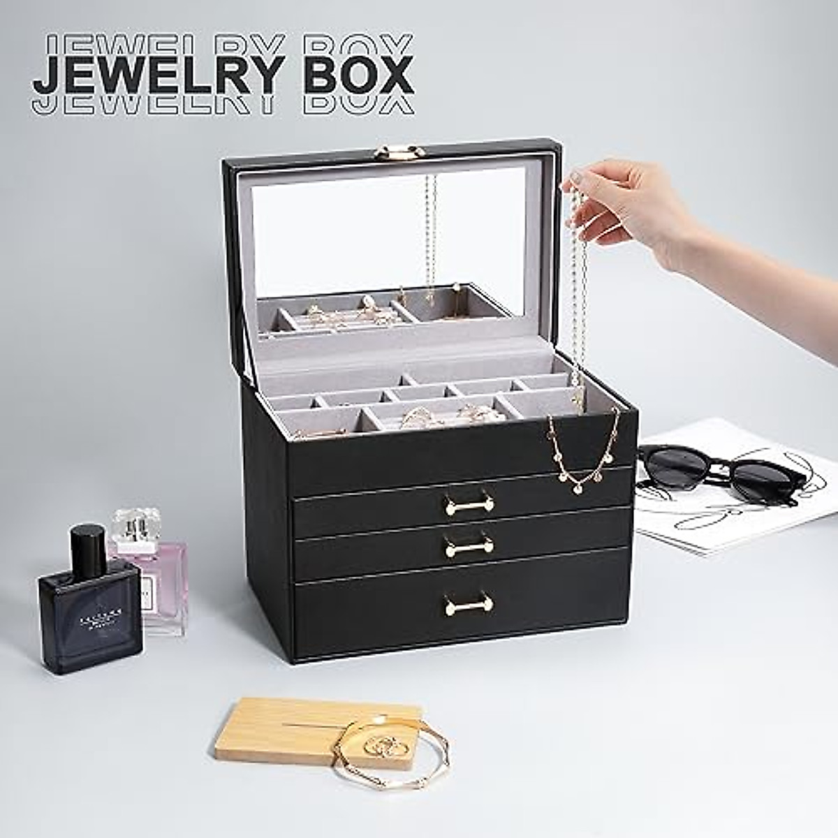 V-LAFUY Jewelry Organizer Box with Mirror, Large Jewelry Organizers and Storage, Jewelry Organizer for Rings Earrings Necklaces Glasses Bracelets Watches, Black Mirror