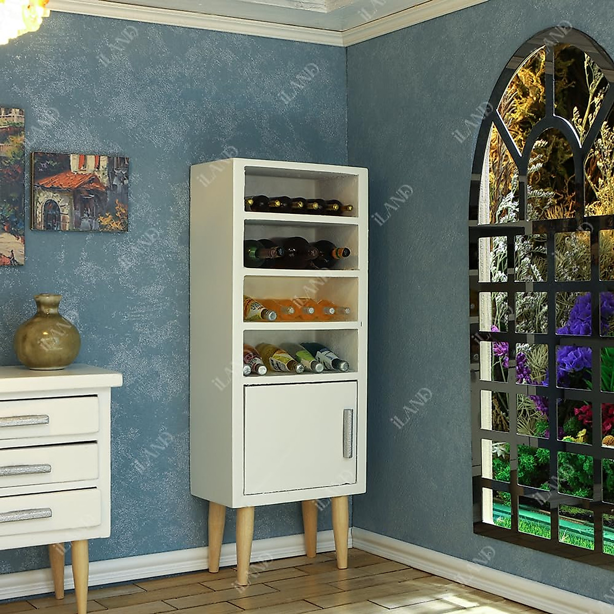 iLAND Dollhouse Furniture on 1/12 Scale of Dining-Room, Wooden Doll House Furniture Miniature of Table Chair & Cabinet (Modern Miniature Furniture 8pcs)