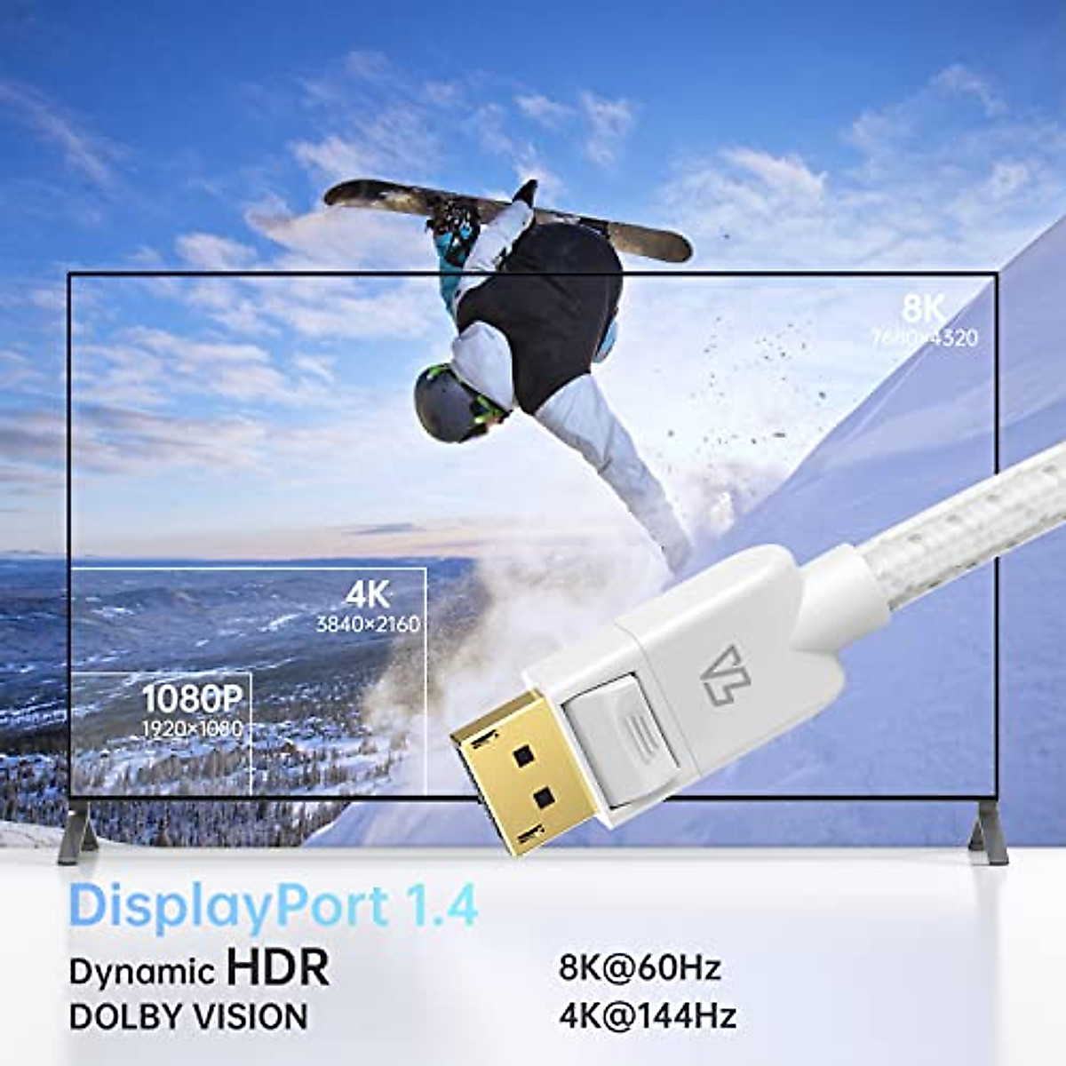 Teleadapt DisplayPort 1.4 Cotton-Braided Cable, 8K@60Hz, 5K@60Hz 4K@120Hz and HDR Support. Suitable for Laptop, PC, Projector, TV, Gaming Monitor. Black, 6.6ft (2 Metres) White