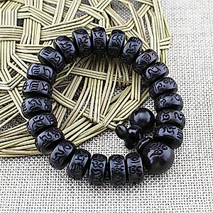 Tibetan Buddhism Natural Beads OM Mani Padme Buzz Engraved Six-Character Mantra Beaded Men's and Women's Buddhist Beads Wenwan Rosary Bracelet (round), Black