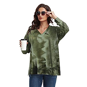 LARACE Tie Dye Sweatshirts for Women Plus Size Tops V Neck Side Split Shirt Casual Long Sleeve Pullover Tee(E-Olive 2X)