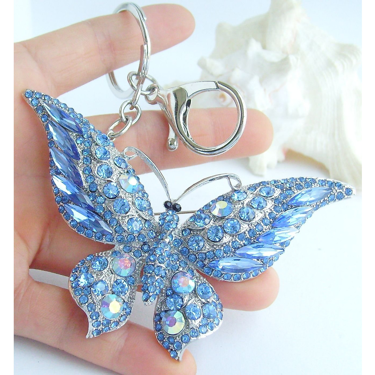 Sindary Pretty Butterfly Keychain Pendant Austrian Crystal K4538 (Silver-Tone Blue)