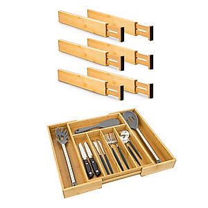 Diosbles 6 Pack Bamboo Drawer Dividers Expandable(2.36" High, 13.86"-18.98") and Bamboo Expandable Silverware Organizer