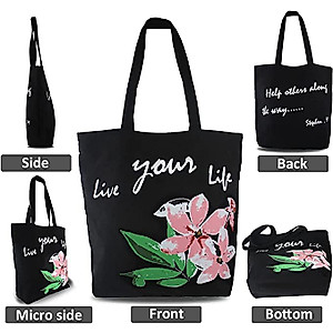 MEL JUN Canvas Tote Bag for Women, Light Beach Bags Gym Tote Reusable Grocery Bag Reading Totes Weekend Church Bag Black Floral Tote Bags with Pink Flower