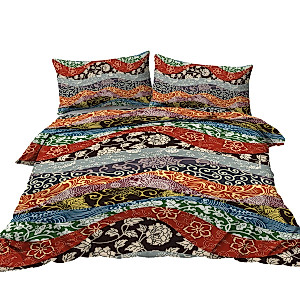 BlessLiving Japanese Colorful Duvet Cover Set Abstract Asian Floral Waves Bedding 3 Piece Swirling Vintage Traditional Patchwork Bedding Sets Ethnic Print Bedspreads (Full)