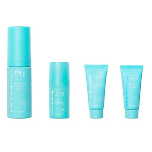 TULA Skin Care Clear Skin Starters Acne & Blemish Fighting Discovery Kit - Foam Cleanser, Gel, Moisturizer, Treatment Mask and Travel Bag to Treat & Prevent Acne, 4-Piece Kit