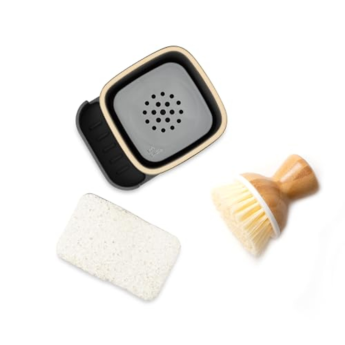Full Circle Bubble Up Combo - Elegant Gray Ceramic Soap Dish with Eco Sponge & Bamboo-Handled Dish Brush - Versatile Natural Kitchen Cleaning Set Tool for Pots, Pans, Counter & Sink, Gray