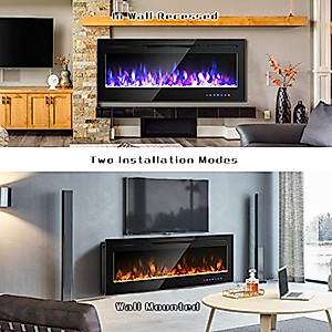 COSTWAY 50-Inch Electric Fireplace, 750W/1500W Wall Recessed and Mounted Fireplace Insert with Remote Control, 9 Flame Colors, 5 Brightness Settings, 8 H Timer, Fireplace Heater for Indoor Use