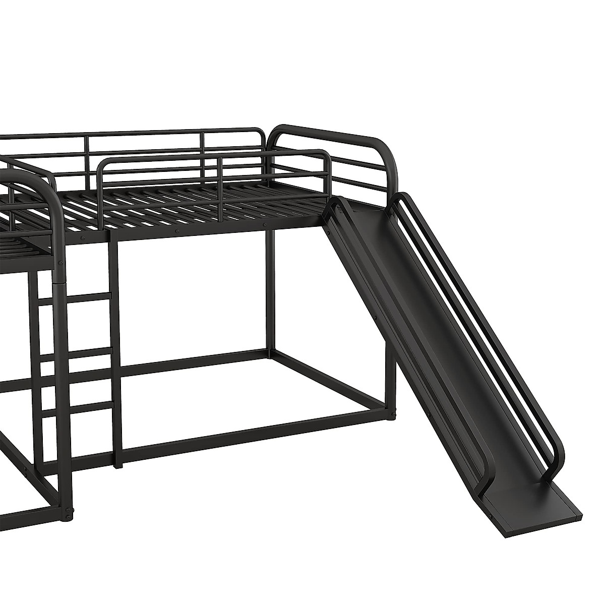 DEYOBED Full and Twin Size Bunk Bed with Slide and Short Ladder, L-Shaped Bunk Bed Frame for 4, Ideal Solid Mental Bed Frame for Kids, Black
