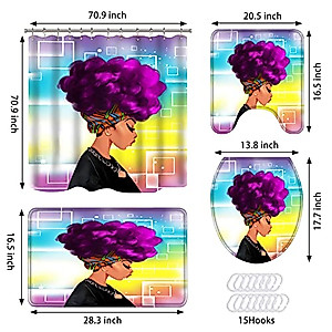 Black African Girl Bathroom Sets with Shower Curtain and Rugs, African American Shower Curtains Set for Bathroom, Shower Curtain Set with Hooks and Toilet Lid Cover(Violet)