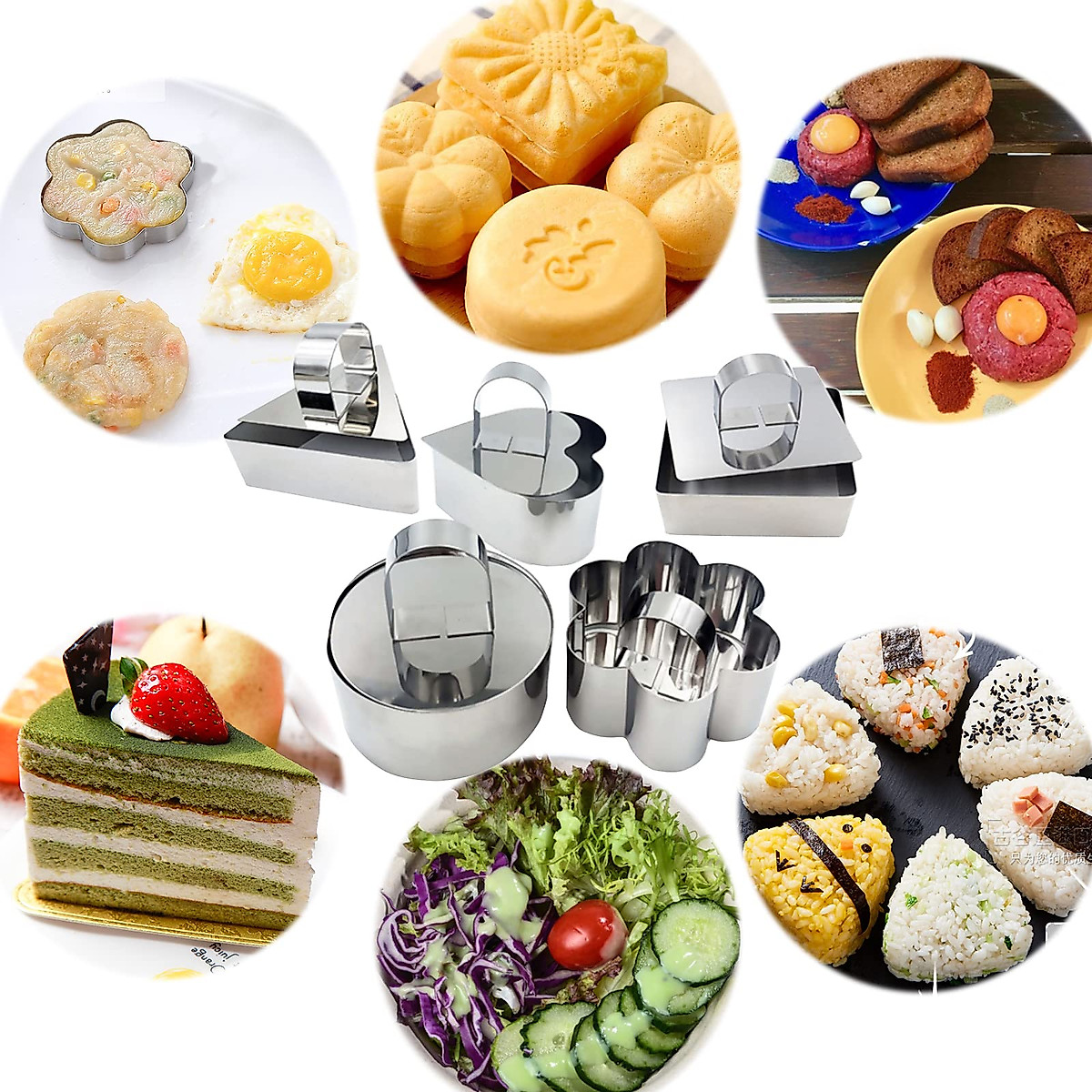 LIOUCBD 5PCS Cake Ring Mold Set, Stainless Steel Round Dessert Mousse Mold, 5 Shaped Cake Cutters with Pusher and Lifter Baking Rings for Making Salads Cakes Cookie Tiramisu Sandwiches