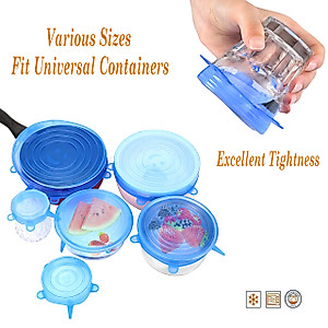 Silicone Stretch Lids Upgraded 6 Pack Various Sizes Rubber Stretchy Miracle Lid Reusable Elastic Bowl Cover for Food Storage Leftover Savers Fit Container Dish Cup (6, Blue)
