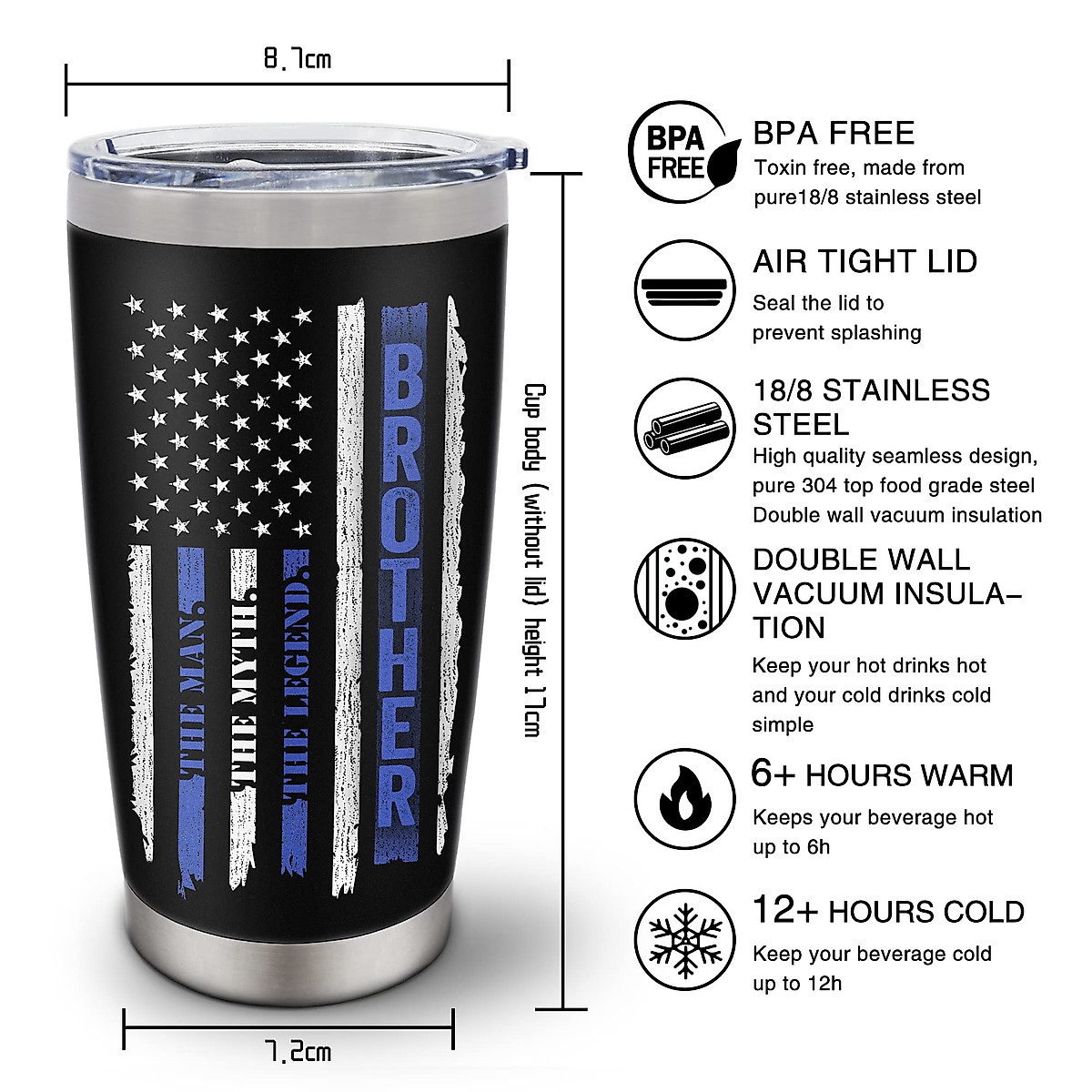 Big Brother Gift,Gifts for Brother Tumbler Coffee 20oz 1PC,Brother Birthday Gifts,Brother Gifts from Sister,Birthday Gifts for Brother,Best Gift Idea for Brother Men Him,Brother American Flag Cup