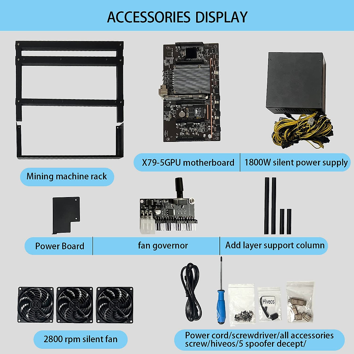 PXY-ELEC Complete Mining rig System. X79 Mining Motherboard has 5 PCI-E 3.0 Card Slots to Support 3060 GPU Full Speed. Pre-Installed Intel 2609 v2 CPU, 128 GB SSD, 8GB RAM, 1800W PSU (NO GPU)