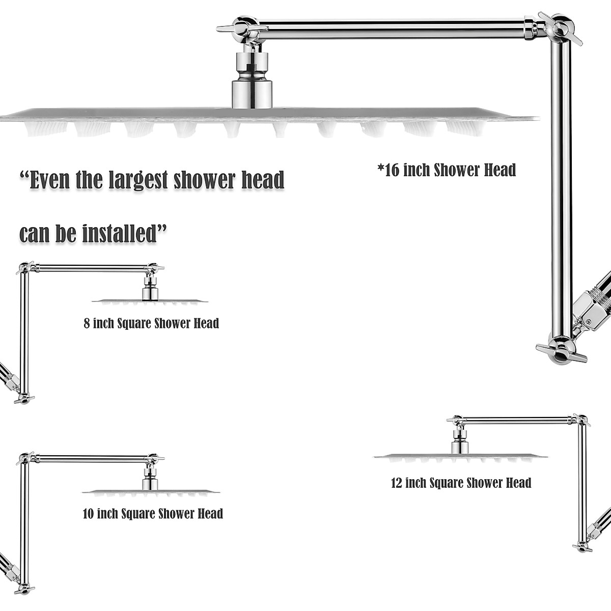 16 inch Dual Extension Extra Long Adjustable Shower Head Extension Arm With Locking Set Screw, Singing Rain Brass Angle Height Adjustable, G1/2 Universal Connector Compatible (Chrome Finish)