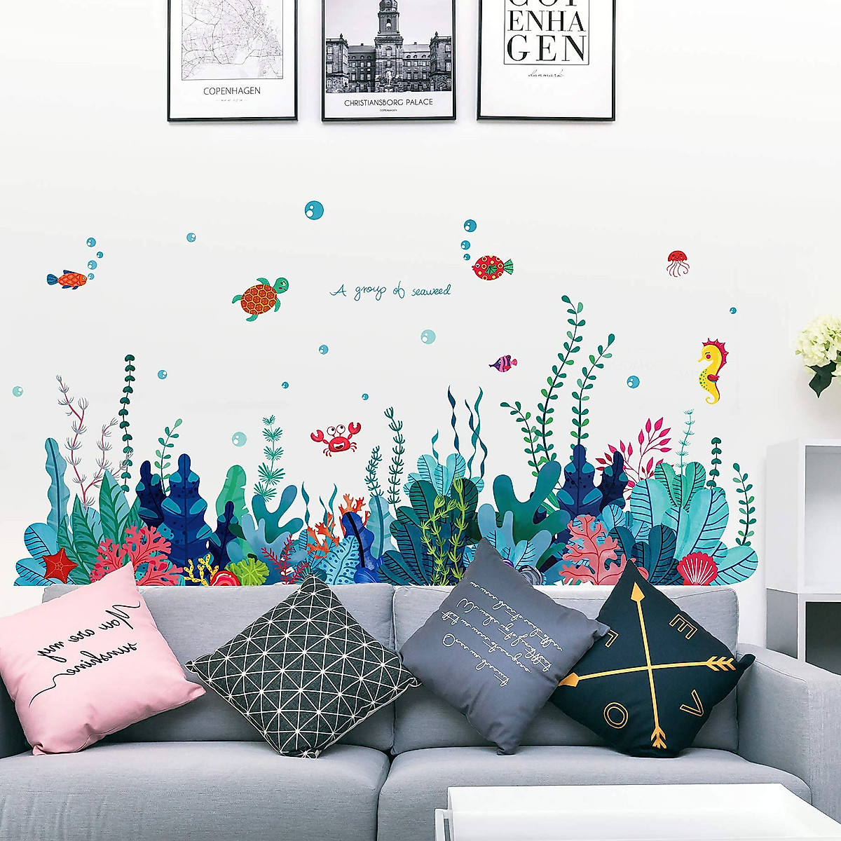 RW- 6794 Removable 3D Under The Sea View Grass Wall Decal DIY Ocean Coral Seaweed Wall Stickers Murals Peel and Stick Home Wall Decor for Kids Bedroom Bathroom Girl Nursery Wall Corner Decoration (A)