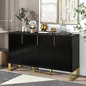 LUMISOL Sideboard Buffet Cabinet, Modern Kitchen Sideboard with 4 Doors, Wooden Storage Cabinet with Metal Base and Marble Sticker Desktop, Mid Century Console Table for Dining Living Room, Black