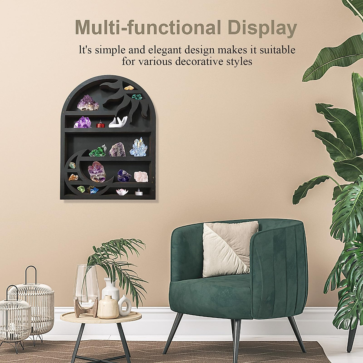 Moon & Sun Crystal Display Shelf, Wooden Crescent Moon Shelf Crystal Holder for Stone Essential Oils Plants, Moon Wall Decor for Spiritual Hippie or Witch Room, Zen Wall Decor Arch Shelf (A)