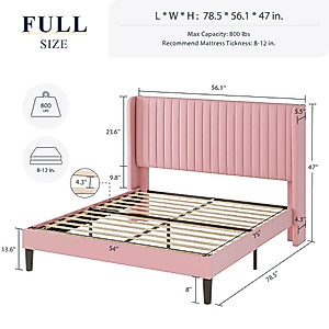 Allewie Full Size Velvet Bed Frame/Vertical Channel Tufted Wingback Headboard/Upholstered Platform Bed/Strong Wooden Slats/No Box Spring Needed/Easy Assembly/Pink