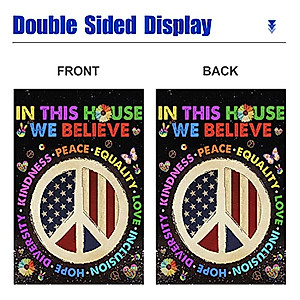 Swooflia In This House We Believe Garden Flag Small Yard Flag for Outside Decor Kindness Peace Equality Burlap Garden Banner 12x18 Inch Double Sided HYQ-223