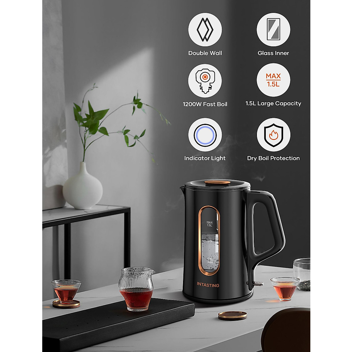 INTASTING Electric Kettle, Double Wall Glass Inner, Hot Water Boiler Heater Pot, 1.5-Liter, 1200 Watts for Fast Boiling, 53oz BPA Free, Glossy Black