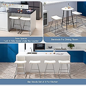 SICOTAS Bar Stools Set of 2 - Counter Height Bar Stools - 24 Inch Saddle Bar Stools - Modern Metal Bar Stools for Kitchen Counter - White Saddle Seat Barstools, Kitchen Island Stools - Chromed Base