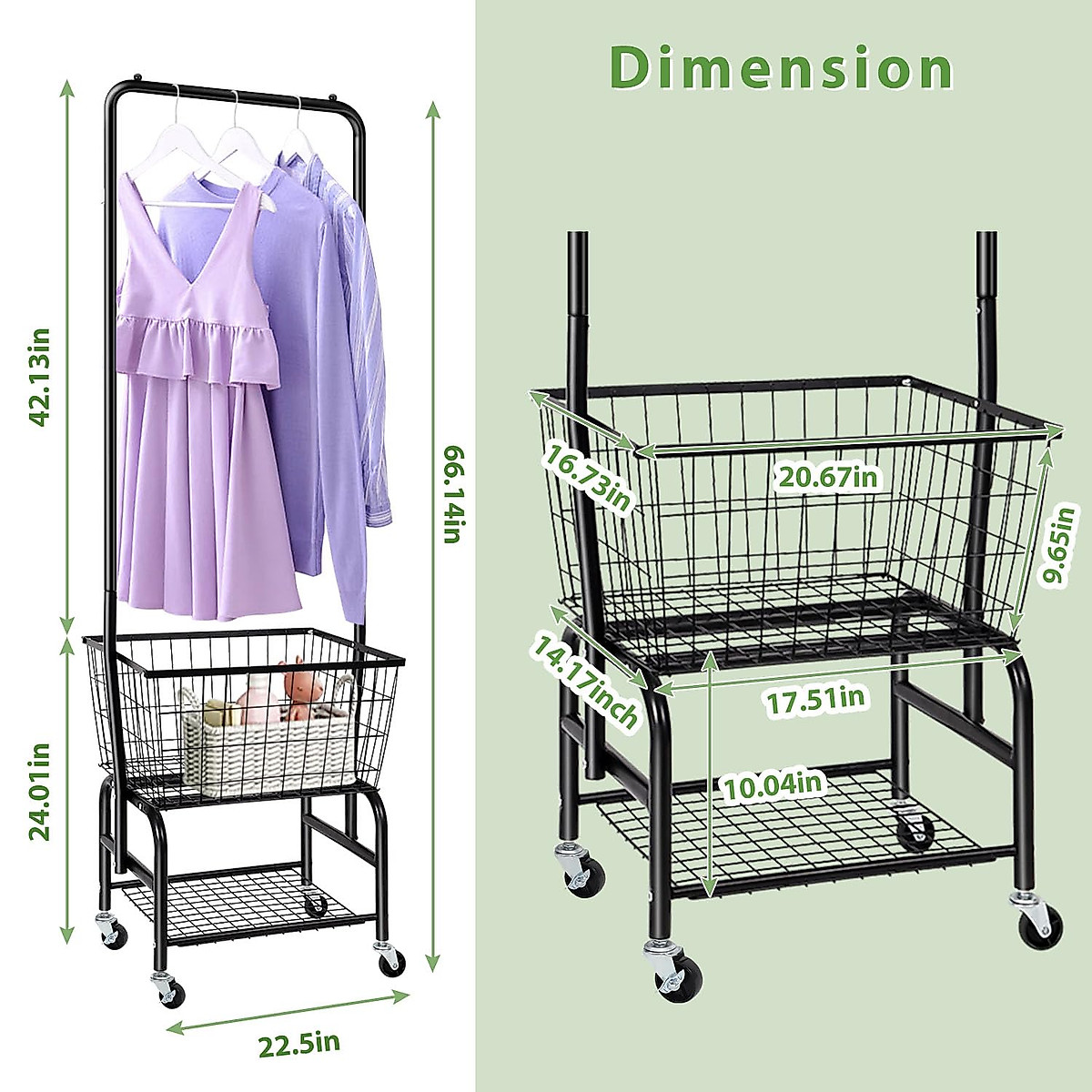 Mosxoed Laundry Cart with Wheels and Hanging Rack, Rolling Laundry Basket with Clothes Rack Laundry Butler with Wire Storage Rack Coat Rack for Laundry Bedroom Hallway, Black