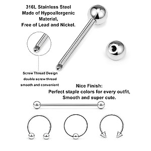 Heienngy Piercing Kit Stainless Steel Eyebrow Rings,Horseshoe Ring,Industrial Piercing Jewelry,Belly Button Ring,Lip Rings,Earrings,Nipple Rings,Tongue Rings For Women men 14G 16G Piercing Needles