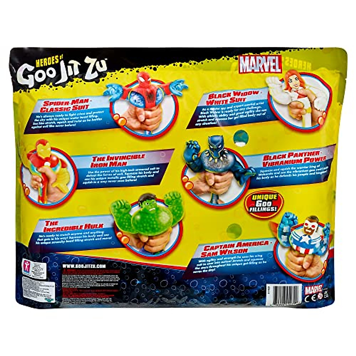 Heroes of Goo Jit Zu Marvel 6 Pack | 6 Amazon Exclusive Marvel Heroes | 4.5" Tall Action Figures | Spider-Man, Hulk, Captain America-Sam Wilson, Black Panther, Black Widow, and Iron Man