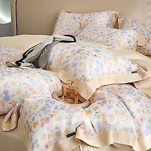 AMZTOP Super Soft Cooling Duvet Cover Queen Size Set, 100% Lyocell Yellow and Colorful Floral Comforter Cover with Zipper Closure (1 Duvet+2 Pillowcases), Tencel Silk Smooth and Soft Bedding Set