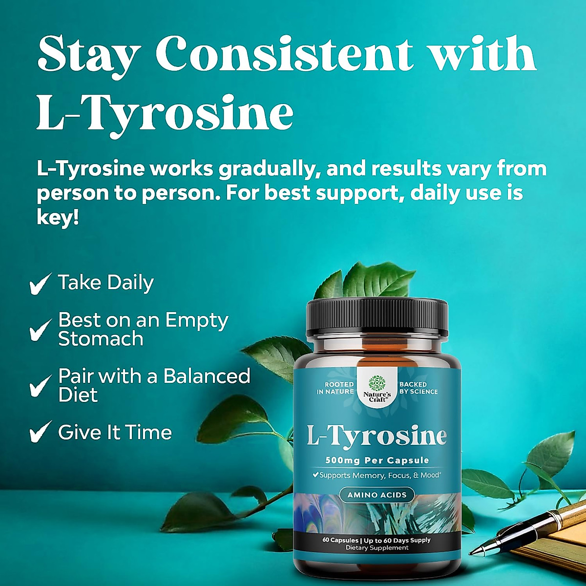 Free Form L Tyrosine 500mg Capsules - High Strength L-Tyrosine Supplement for Mental Energy and Focus Support - Amino Acid Nootropic Supplement for Mood Focus Attention and Cognitive Performance