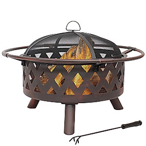 Sunnydaze Crossweave Outdoor Fire Pit - Wood-Burning Fire Pit for Outside with Spark Screen, Poker and Round Cover - 30-Inch - Bronze