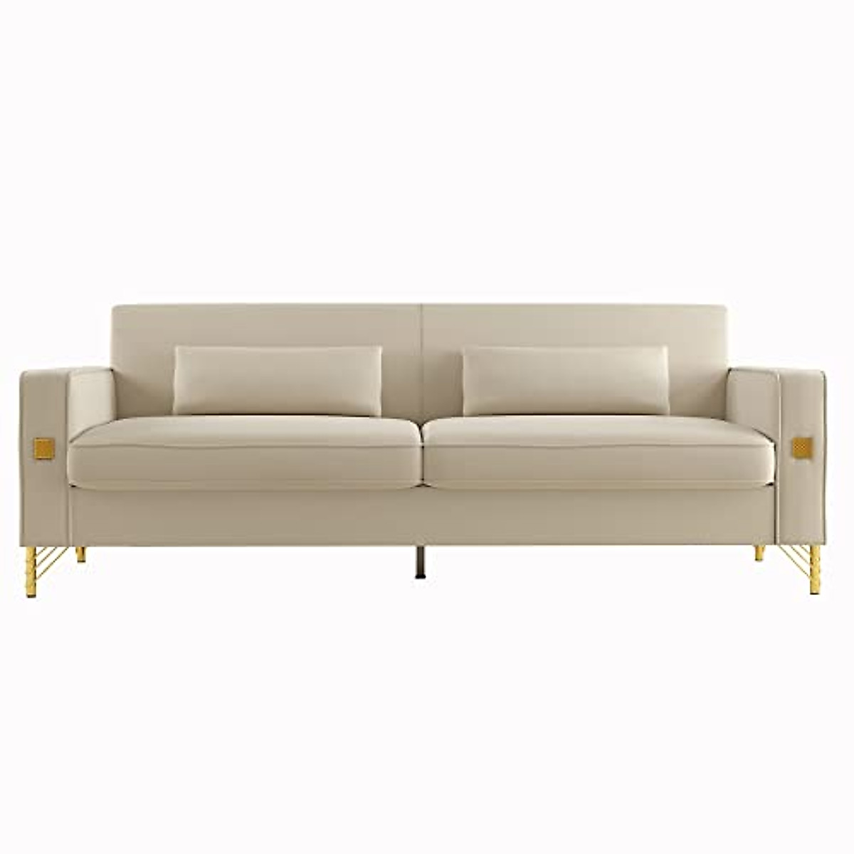 Lostcat Velvet Sofa Couch Mid Century Modern Upholstered 3-Seater Loveseat with 2 Pillows and Armrest for Living Room, Apartment and Small Space, Cream White