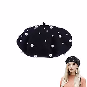 Pearl Autumn Winter Cashmere Beret Starry Beaded Pearl Rivet Wool Beret (Black)