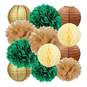 HappyField Woodland Animals Birthday Party Decorations Woodland Animals Baby Shower Decorations for Boy or Girl Rustic Gold Green Tan Brown Tissue Poms Paper Lanterns Gender Neutral Baby Shower Decor