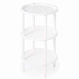 3 Tier Shelf, End, Bed or Display Table, Self-Standing Shelving for Bathroom Toiletries, Storage and Organization. 13 ¾” diameter, 24” height, 9 ¼” space between shelves. Load 10 lbs. per tier (White)