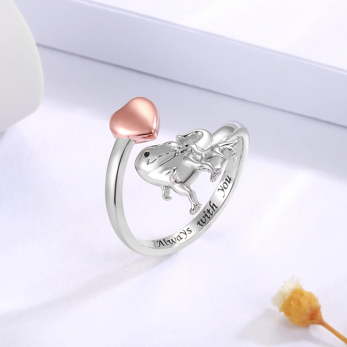 Sterling Silver Dinosaur Elephant Ring for Women: Always with You Mother Heart Adjustable Ring Jewelry Mother's Day Birthday Gift from Daughter Son (Dinosaur)