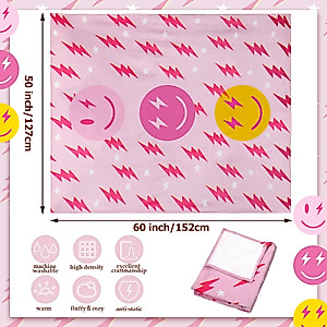 Rtteri Preppy Blanket for Women Pink Aesthetic Room Decor Hot Pink Preppy Room Decor Aesthetic Smile Blanket Soft Throw Blankets Flannel Blanket for Bedding Sofa Bedroom(60 x 50 Inch)