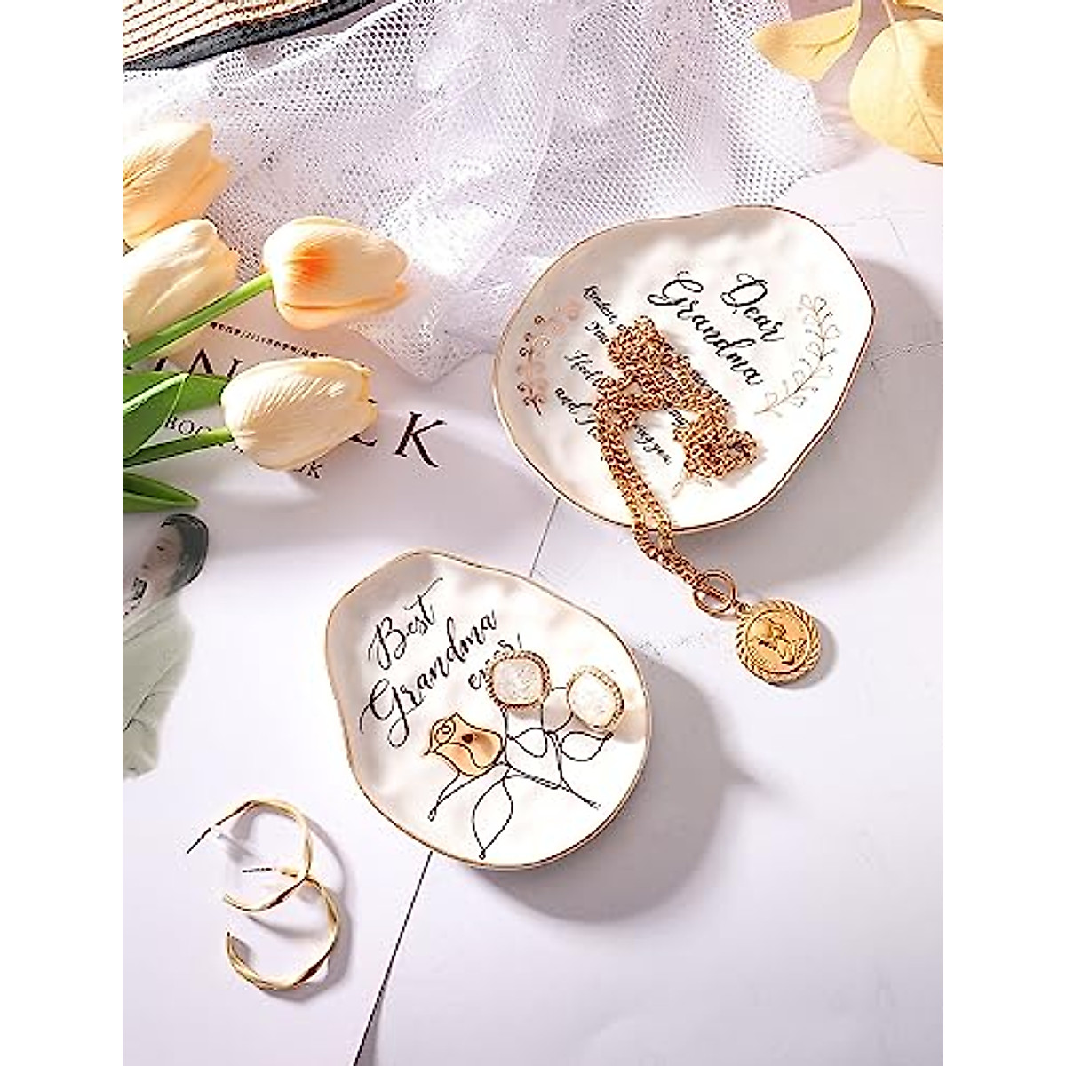 HAYATTEE Grandma Gifts Mothers Day Gfts for Grandma Jewelry Dish Tray with Beautiful Gift Box Gifts for Grandma Birthday Gifts for Women Ceramic Trinket Dish, Set of 2