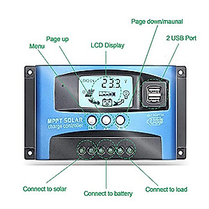 100A MPPT 36V/48V/60V Solar Charge Controller with LCD Display, Multiple Load Control Modes Dual USB MPPT Multi-Function LCD Displays Solar Charge Controller