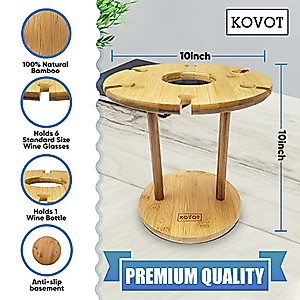 KOVOT Bamboo Countertop Wine Glass Rack – Holds 6 Stemmed Wine Glasses and 1 Wine Bottle – Durable and Reliable Tabletop Centerpiece – Simple But Stylish Wine Glass Holder – Perfect for Home & Bars.