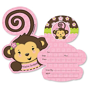 Big Dot of Happiness Pink Monkey Girl - Shaped Fill-In Invitations - Baby Shower or Birthday Party Invitation Cards with Envelopes - Set of 12