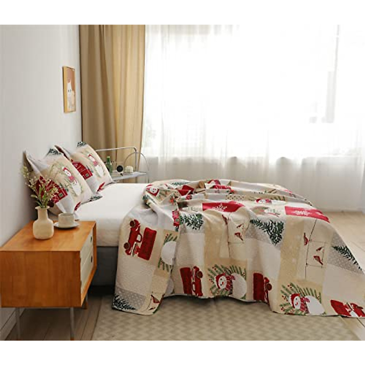 Christmas Plaid Snowman Quilt Set Queen Size (90 x 90 Inches) Reindeer Cardinal Birds Xmas Tree Snowflake Car Holiday Bedding Sets, Red Vanilla Grid Coverlet Bedspread Bed Cover Bed Set with Shams