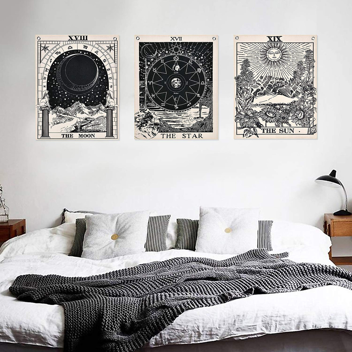 Likiyol Pack of 3 Tarot Tapestry The Sun The Moon The Star Tarot Card Tapestry with Rustproof Grommets, Seamless Nails (Black white, 11.8 x 15.7 inches)