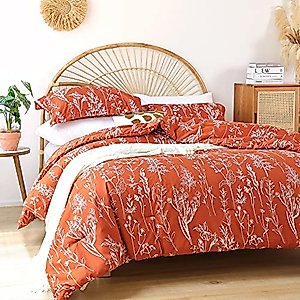 JANZAA Duvet Cover Queen Terracotta 3 Pieces Boho Duvet Cover with White Botanical Patterns Soft Floral Bed Cover with Zipper Closure 4 Ties (2 Pillow Cases)